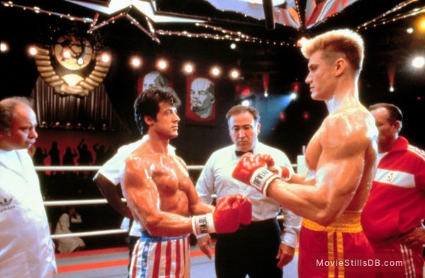 Rocky IV - Publicity still of Sylvester Stallone & Dolph Lundgren